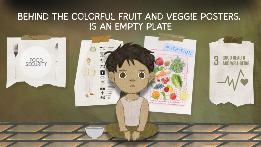 Behind the Colorful Fruit and Veggie Posters, is an Empty Plate